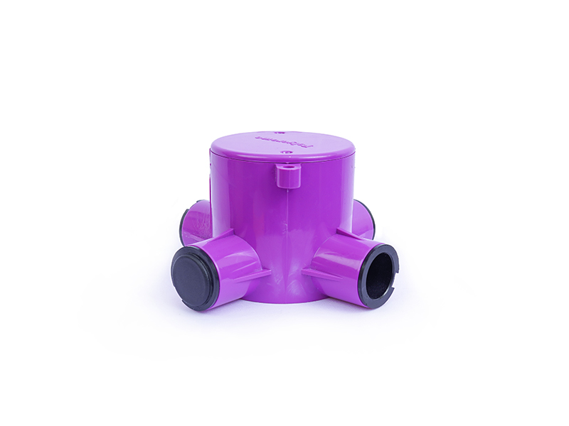 Deep junction box 4way 65mm PVC purple with end caps 20/25mm Data - Polycrome